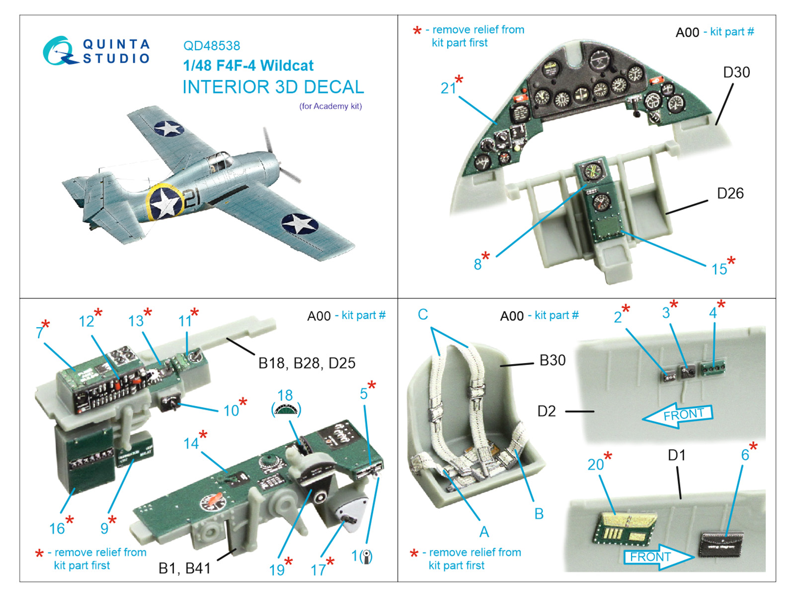 1/48 Grumman F4F-4 Wildcat coloured Interior Academy - Sets de détaillage avions 1/48